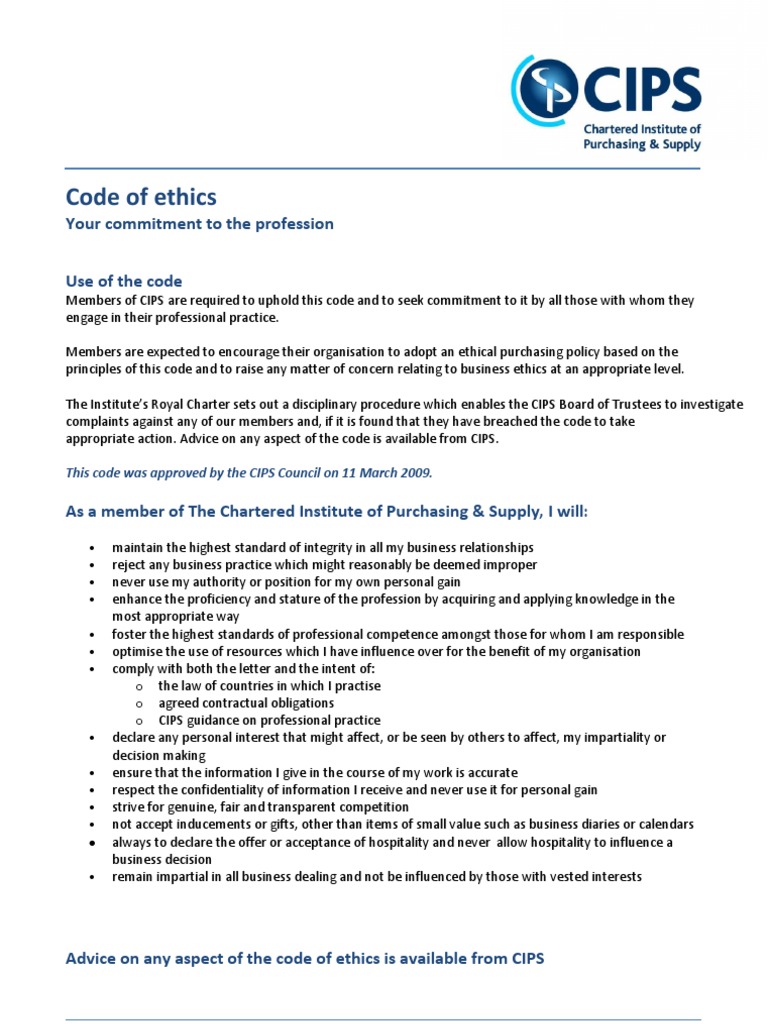 CIPS Code of Ethics | PDF | Business Ethics | Virtue