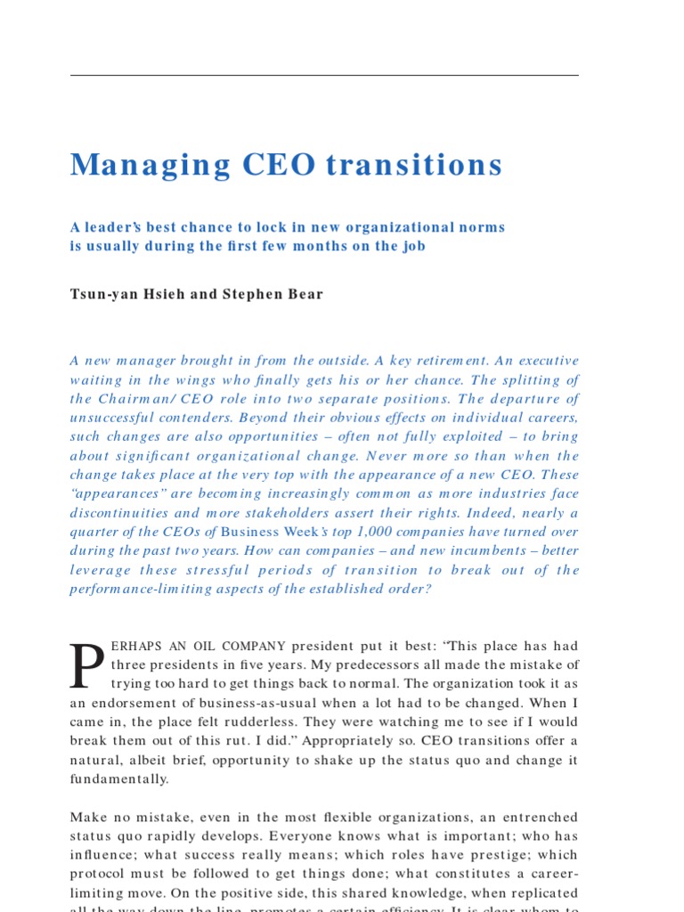 Managing CEO Transitions | PDF | Chief Executive Officer | Leadership