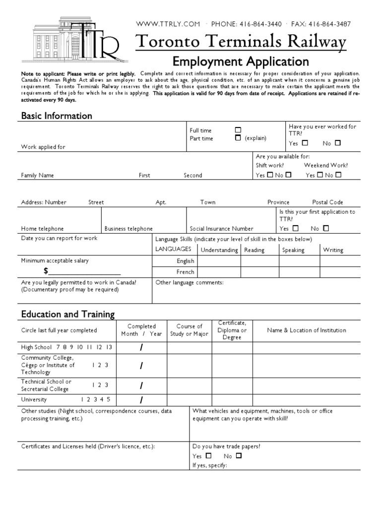 TTR Application Form - Fill | Employment | Labour