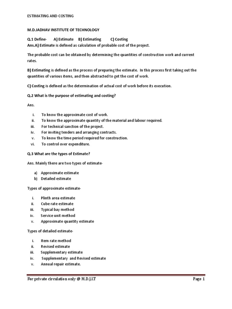 Estimate and Costing Question Answer | PDF | Specification (Technical Standard) | Volume