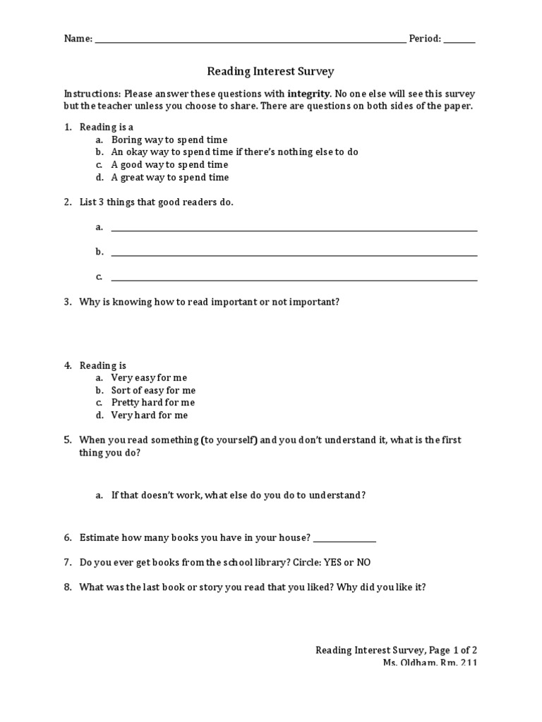 Student Reading Interest Survey | PDF | General Fiction