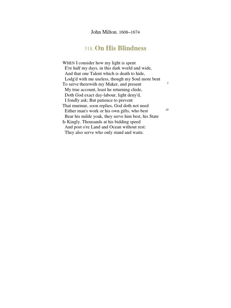 Milton's "On His Blindness" Analysis | PDF