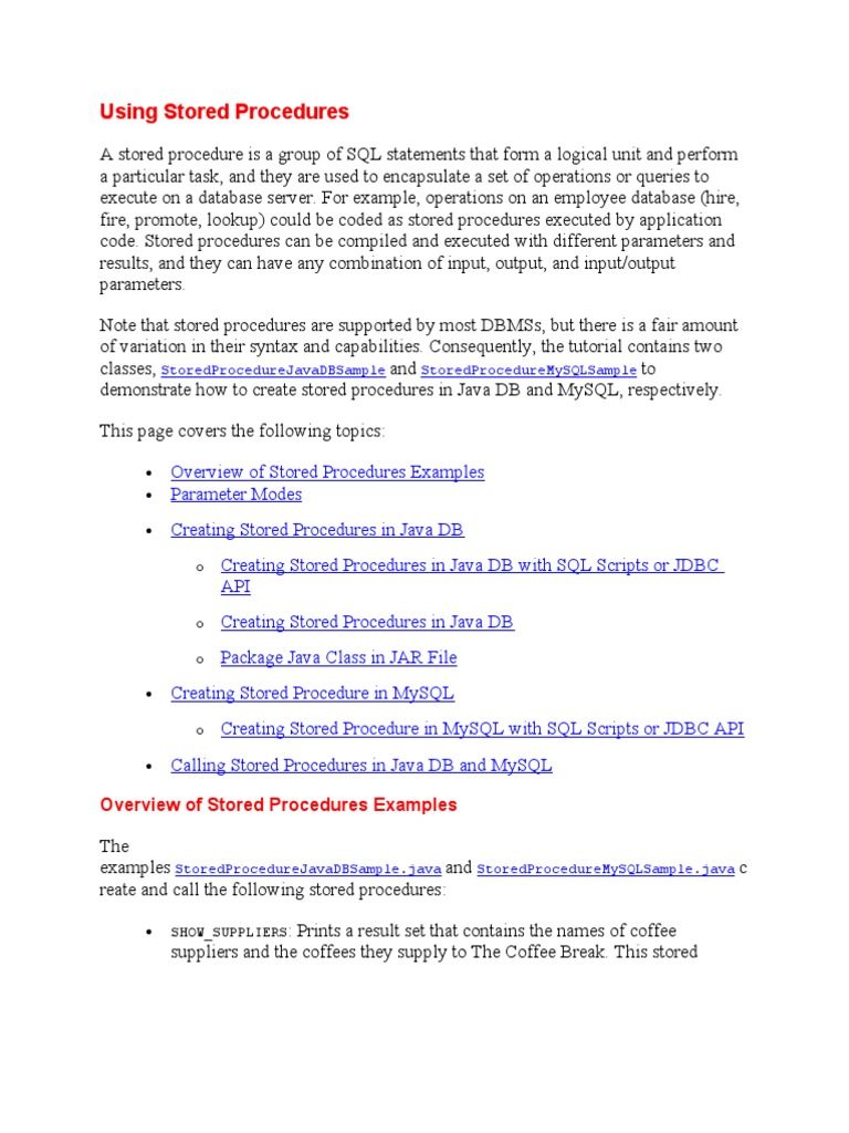 Stored Procedures Pdf Parameter Computer Programming Java Programming Language