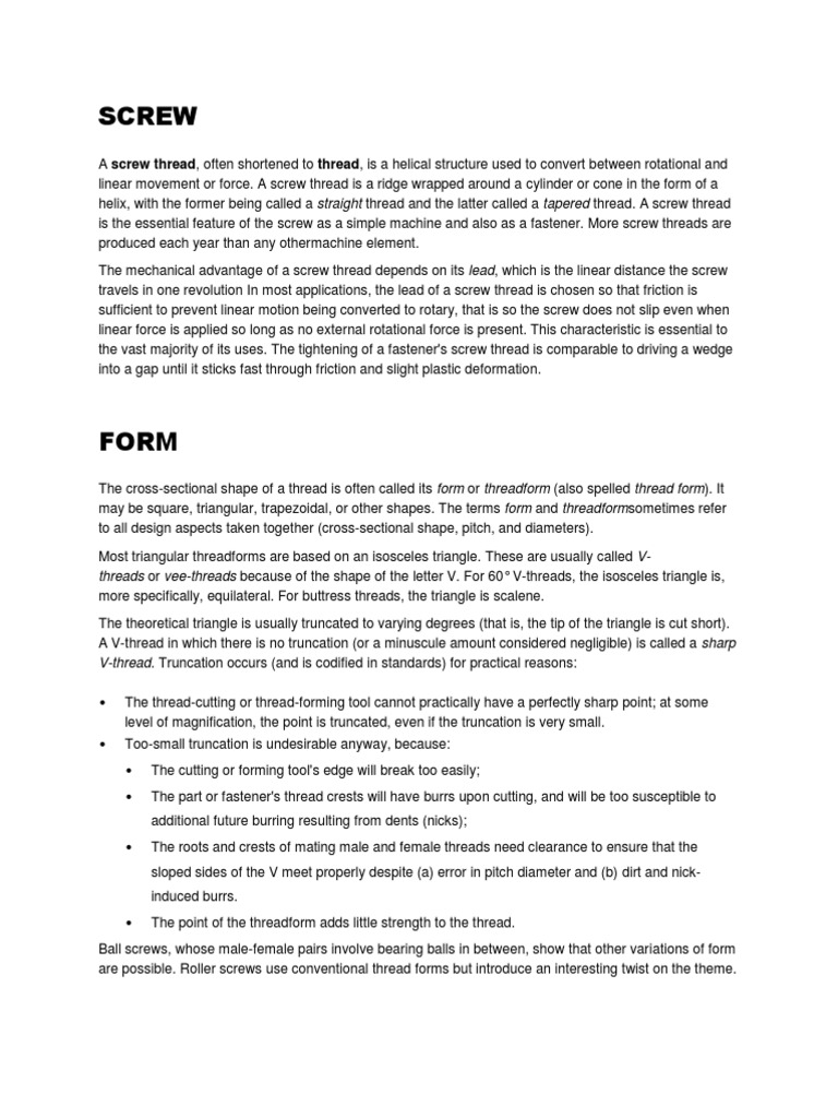 Screw: Threads or Vee-Threads Because of The Shape of The Letter V. For ...