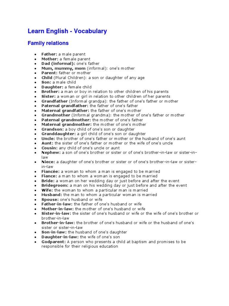 Family Relations in English Vocabulary | PDF | Wellness