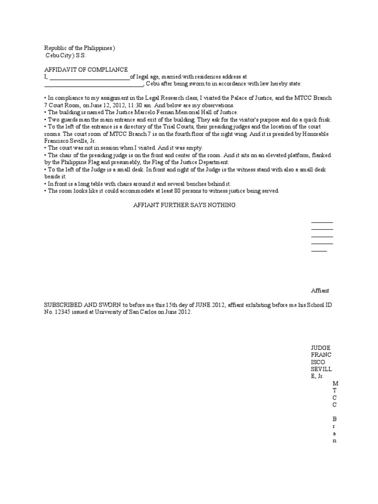 Affidavit of Compliance Sample | PDF | Affidavit | Courtroom