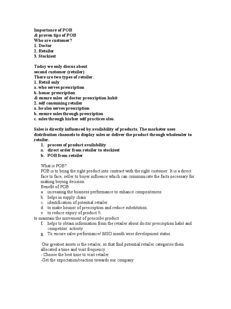 Understanding POB in Pharma Sales | PDF | Retail | Medical Prescription