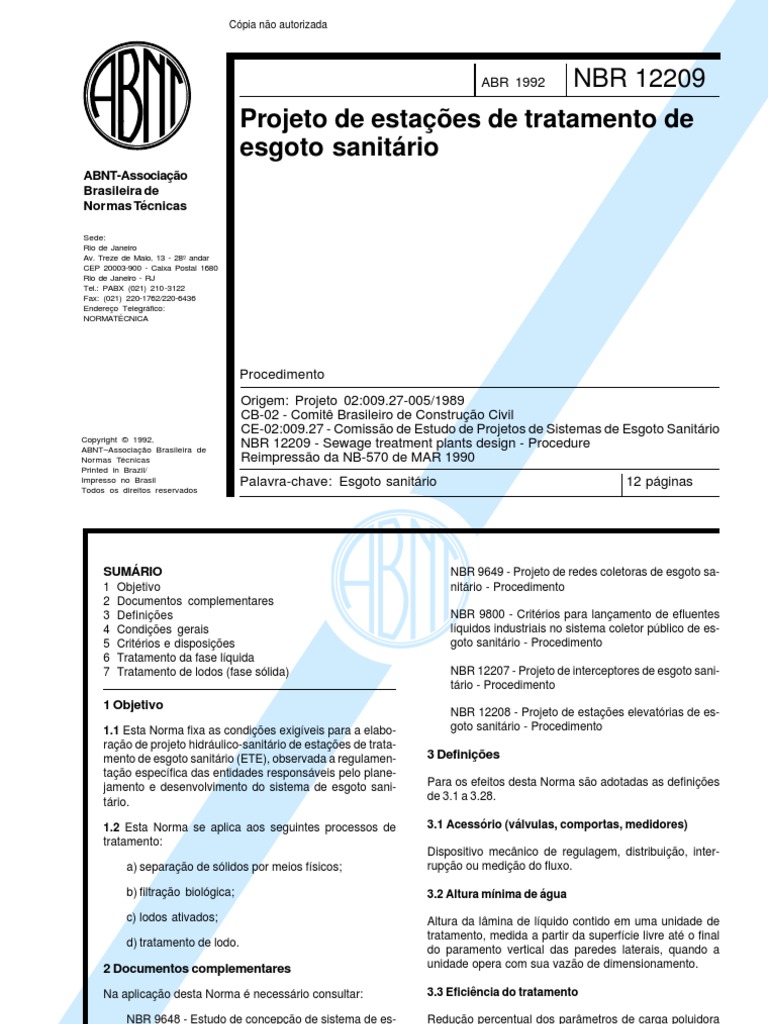 NBR 12209-92 - Projeto de Estações de Tratamento de Esgoto Sanitário ...