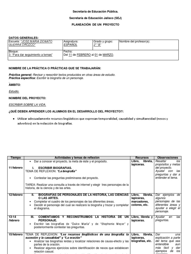 Planeacion Del Proyecto 9 | PDF | Biografía | Oración (Lingüística)