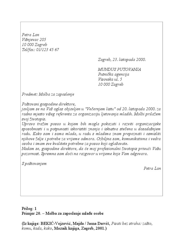 Pisanje Molbe, Uzorak - PISATI BEZ STRAHA