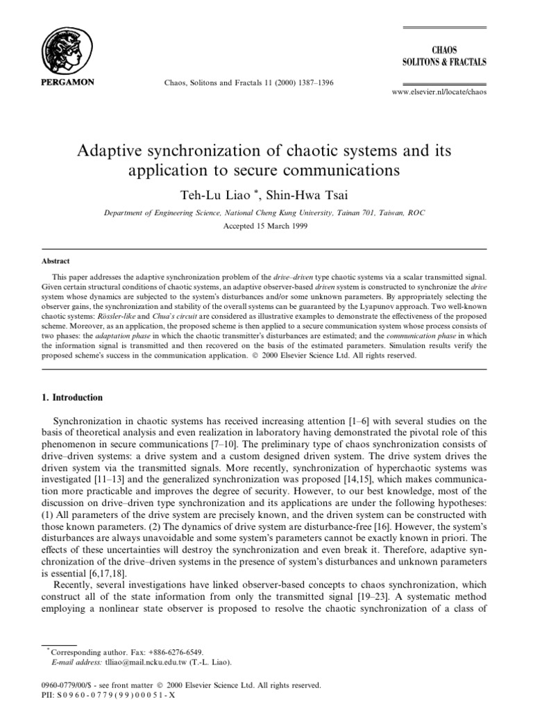 Adaptive Synchronization Of Chaotic Systems And Its Application To Secure Communications Pdf