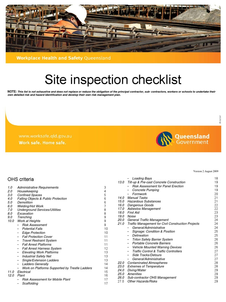 Site Inspection Safety Checklist | PDF | Dangerous Goods | Occupational ...