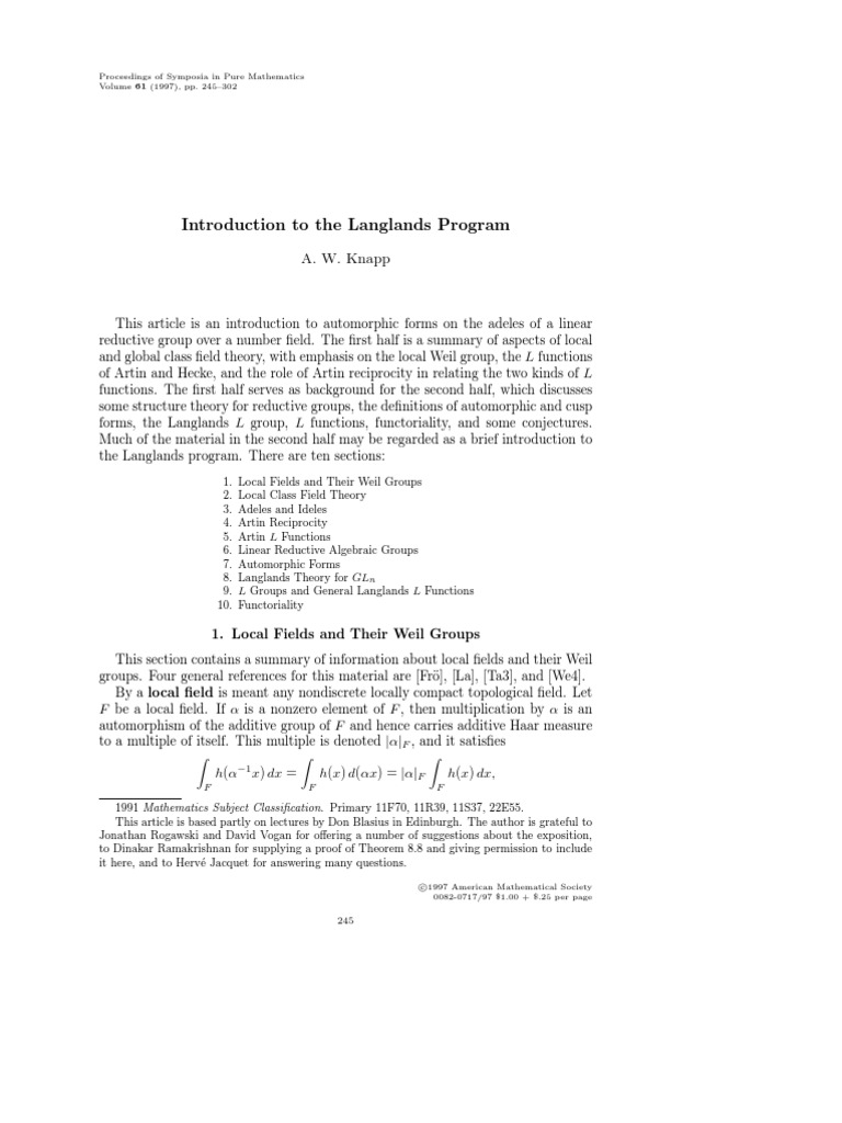 Introduction To The Langlands Program: A. W. Knapp | PDF | Group ...