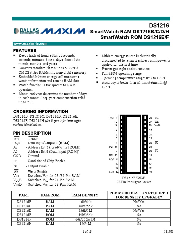 Datasheet DS1216 DALLAS | PDF | Random Access Memory | Pointer (Computer Programming)