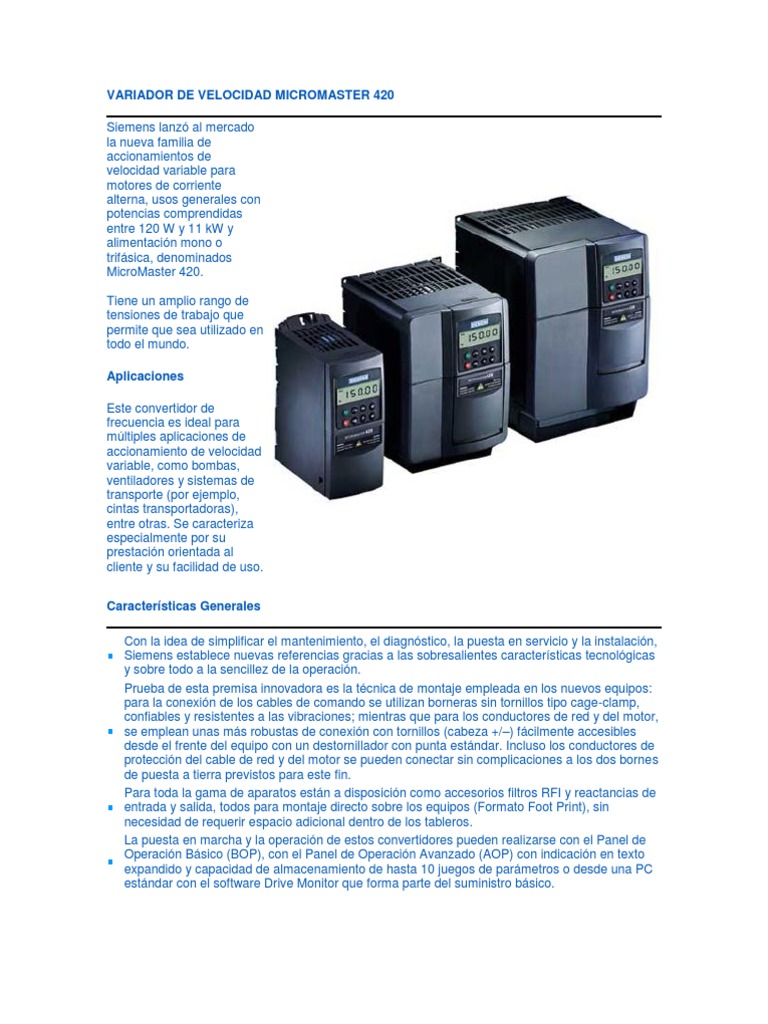 Variador de Frecuencia MicroMaster 420 | PDF | Tornillo | Software