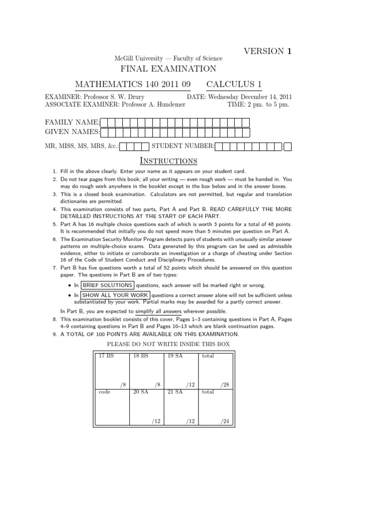 MATH-140 Quiz McGill University | PDF | Volume | Multiple Choice