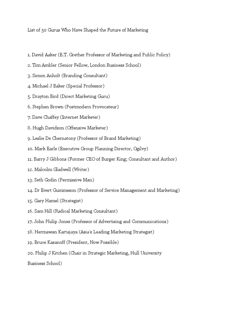 Top 50 Influential Marketing Gurus | PDF | Marketing | Business