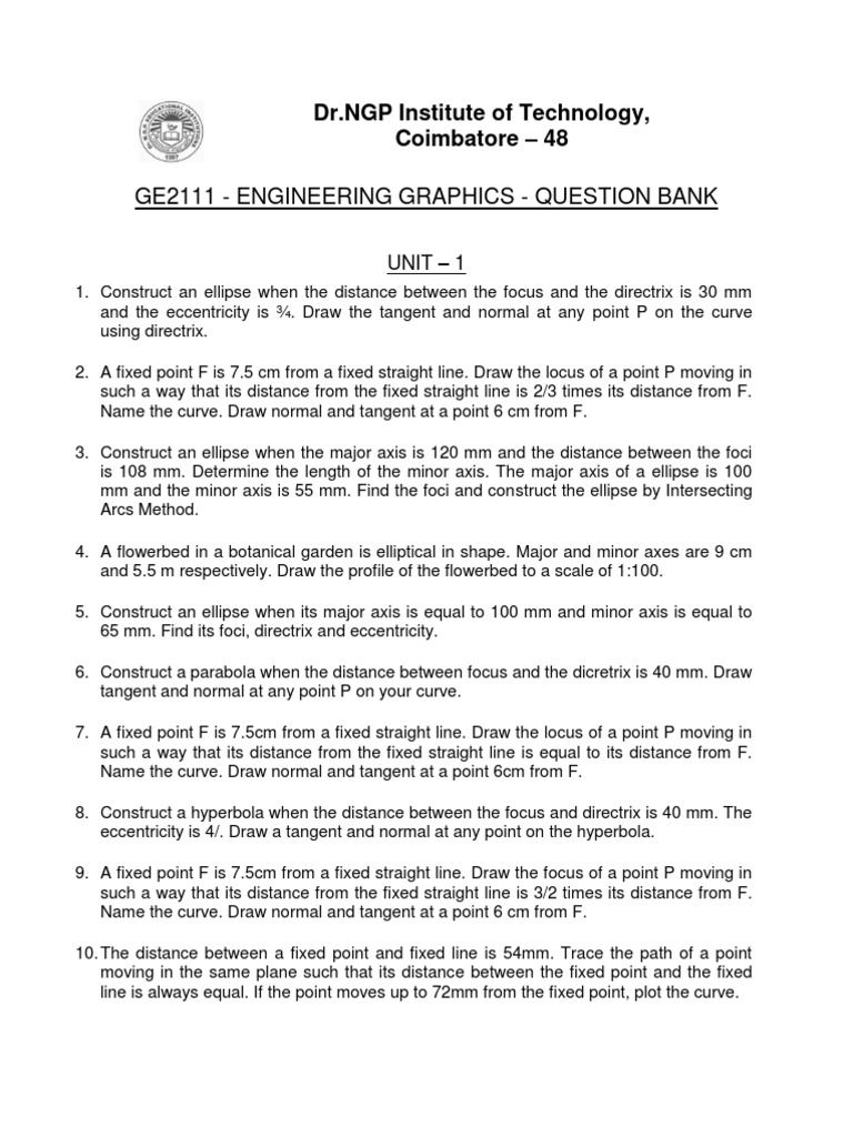 Dr.NGP Institute of Technology Engineering Graphics Question Bank | PDF ...