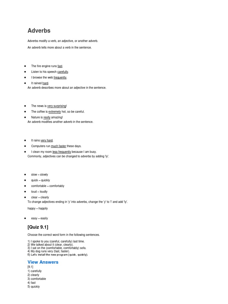 Adverbs: (Quiz 9.1) | PDF