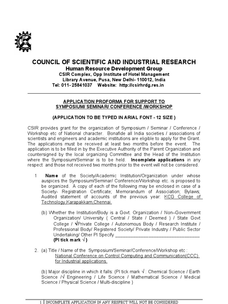 CSIR Seminar Grant Application 2025 | PDF | Science And Technology ...