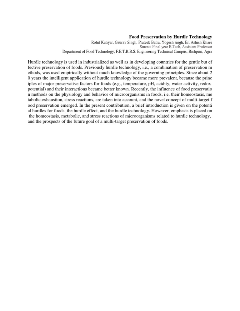 Hurdle Technology in Food Preservation | PDF | Science & Mathematics