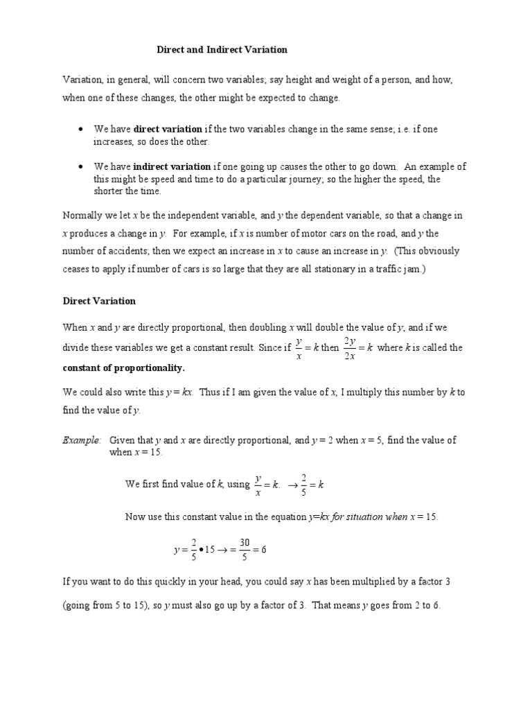 Direct and Indirect Variation | PDF | Speed | Variable (Mathematics)
