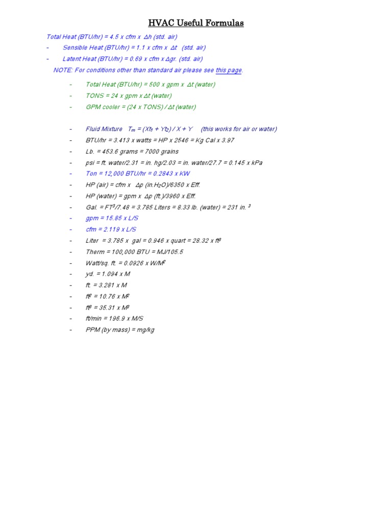 HVAC Useful Formulas | PDF