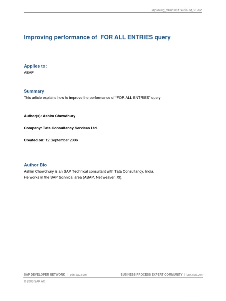 Improving Performance of For All Entries Query | PDF | Table (Database ...