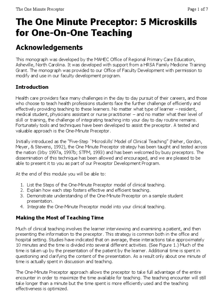 The One Minute Preceptor 5 Microskills for One-On-One Teaching.pdf ...