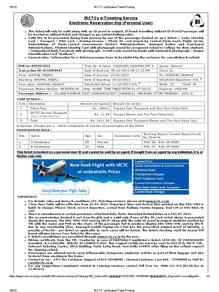 IRCTC E-Ticket Booking Details | PDF | Identity Document | Applications ...