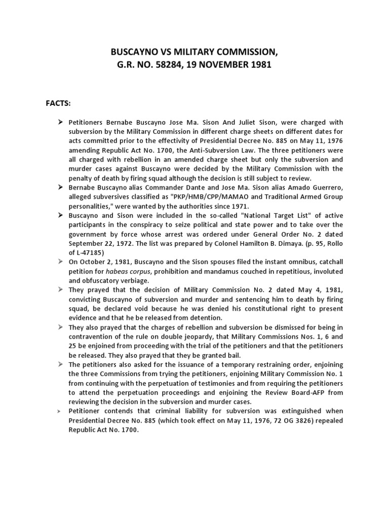 Buscayno Vs Military Commission, GR No.58284, 19nov1981 | PDF | Decree ...