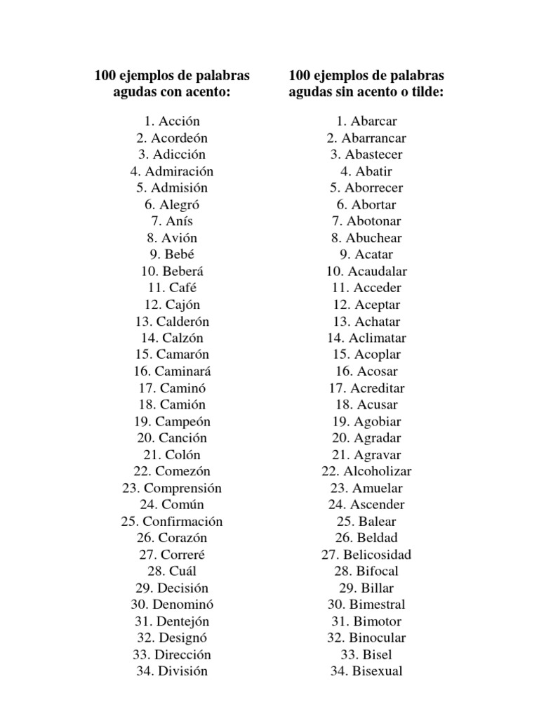 100 Ejemplos de Palabras Agudas Con Acento | PDF | Naturaleza