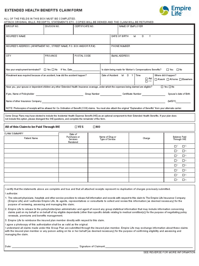 Extended Health Benefits Claim Form | PDF | Insurance | Life Insurance