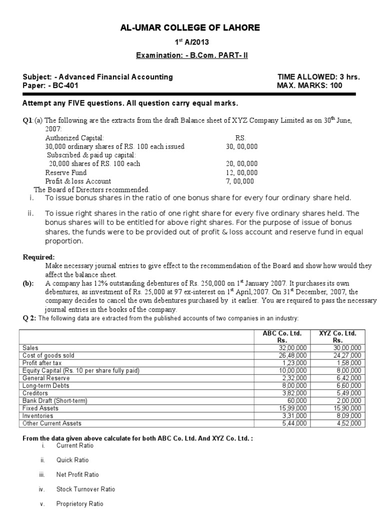 Advanced Financial Accounting Exam Paper | PDF | Debits And Credits ...