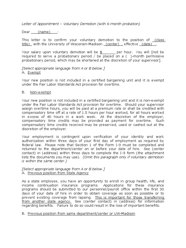 Letter of Appointment - Voluntary Demotion (With 6-Month Probation ...