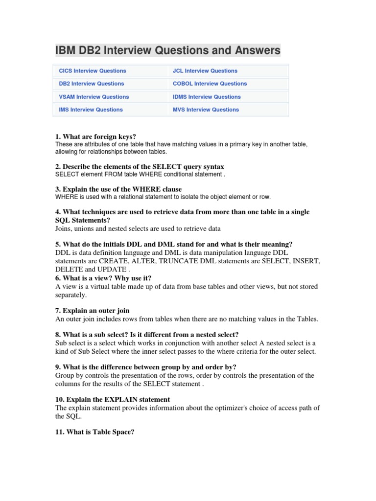 Ibm Db2 Interview Questions And Answers Pdf Ibm Db2 Databases 