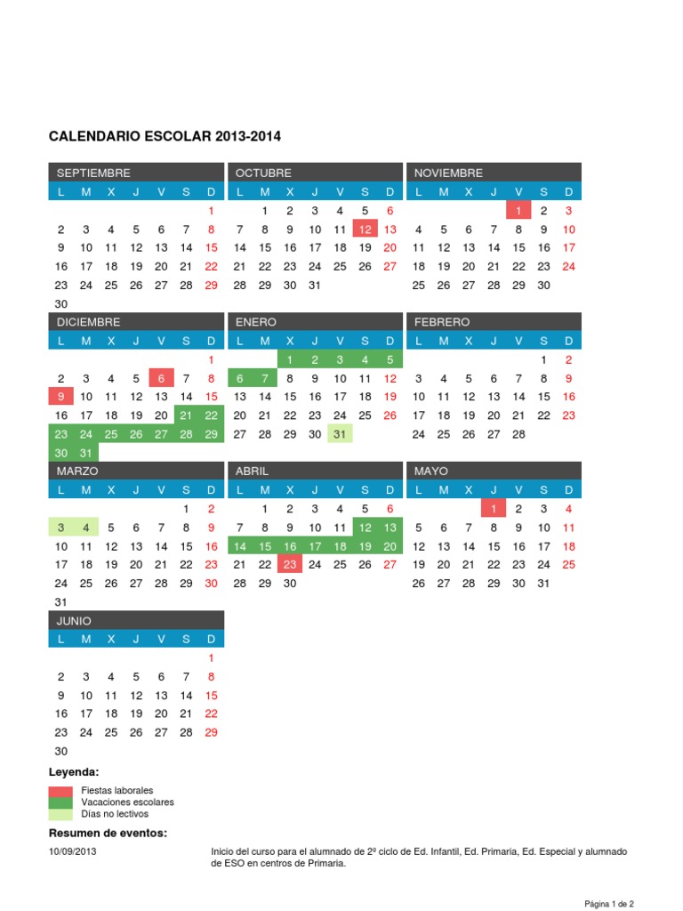 Calendario Escolar 2013 2014 | PDF