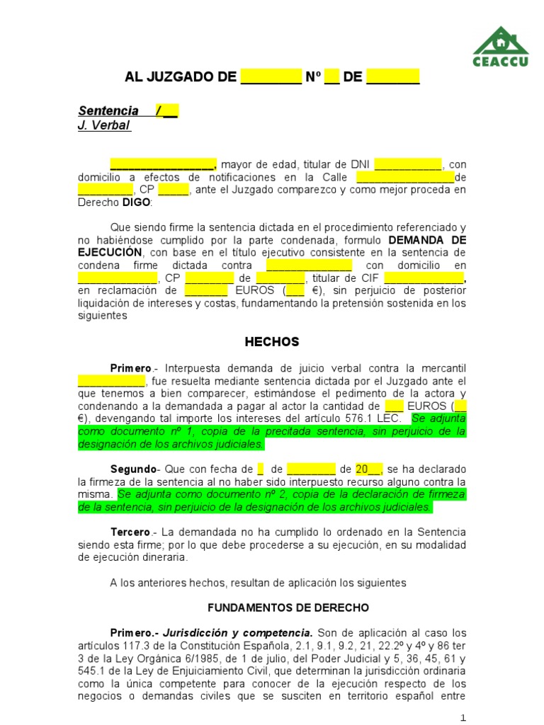 Modelo de Demanda de Ejecucion de Sentencia para Ceaccu | PDF | Pena ...
