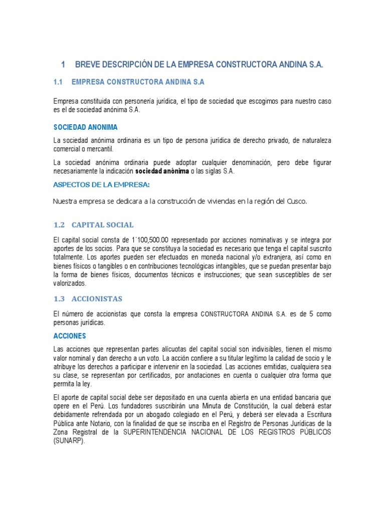 Conformacion de Empresa Constructora Andina S.A. Final | PDF | Producto Interno Bruto | Mercado ...