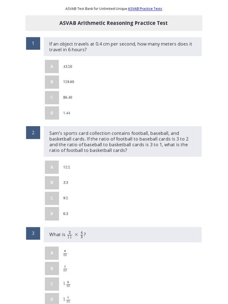 ASVAB Arithmetic Reasoning Practice Test 2 | Fraction (Mathematics ...