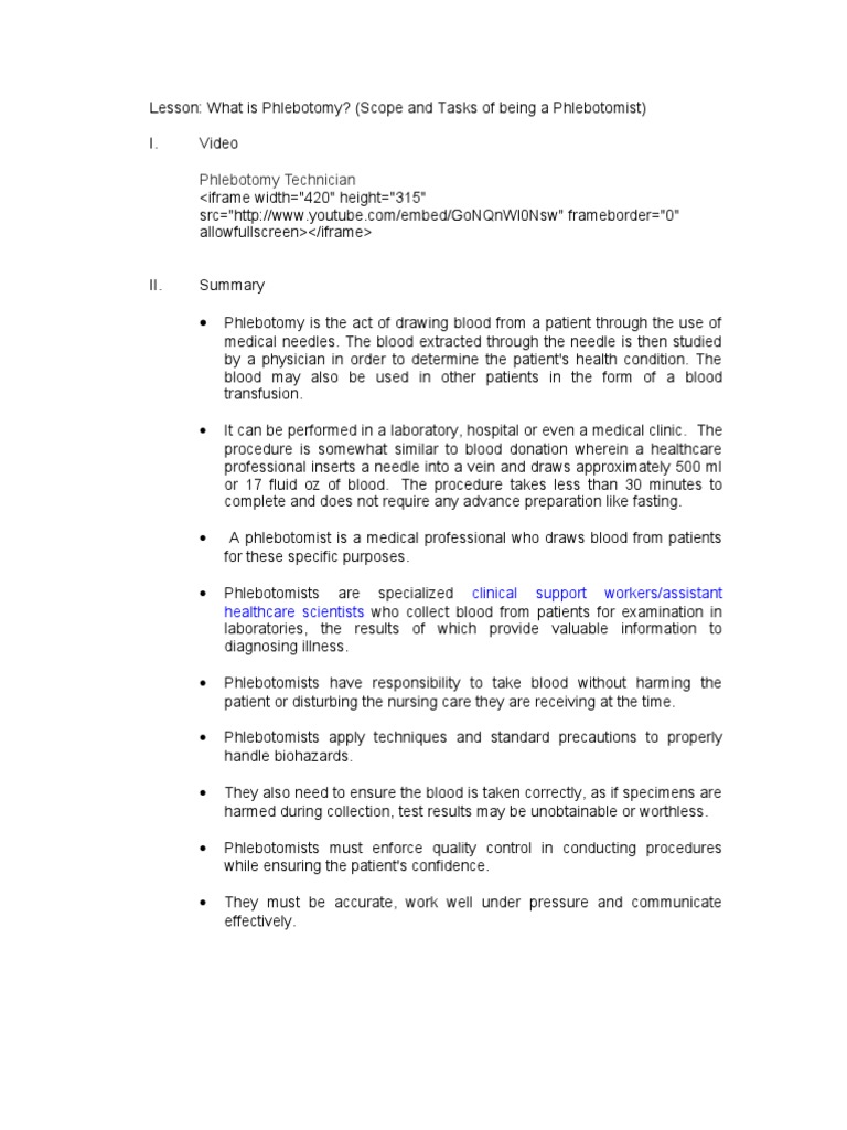 Phlebotomy Lesson | PDF | Blood Donation | Medicine