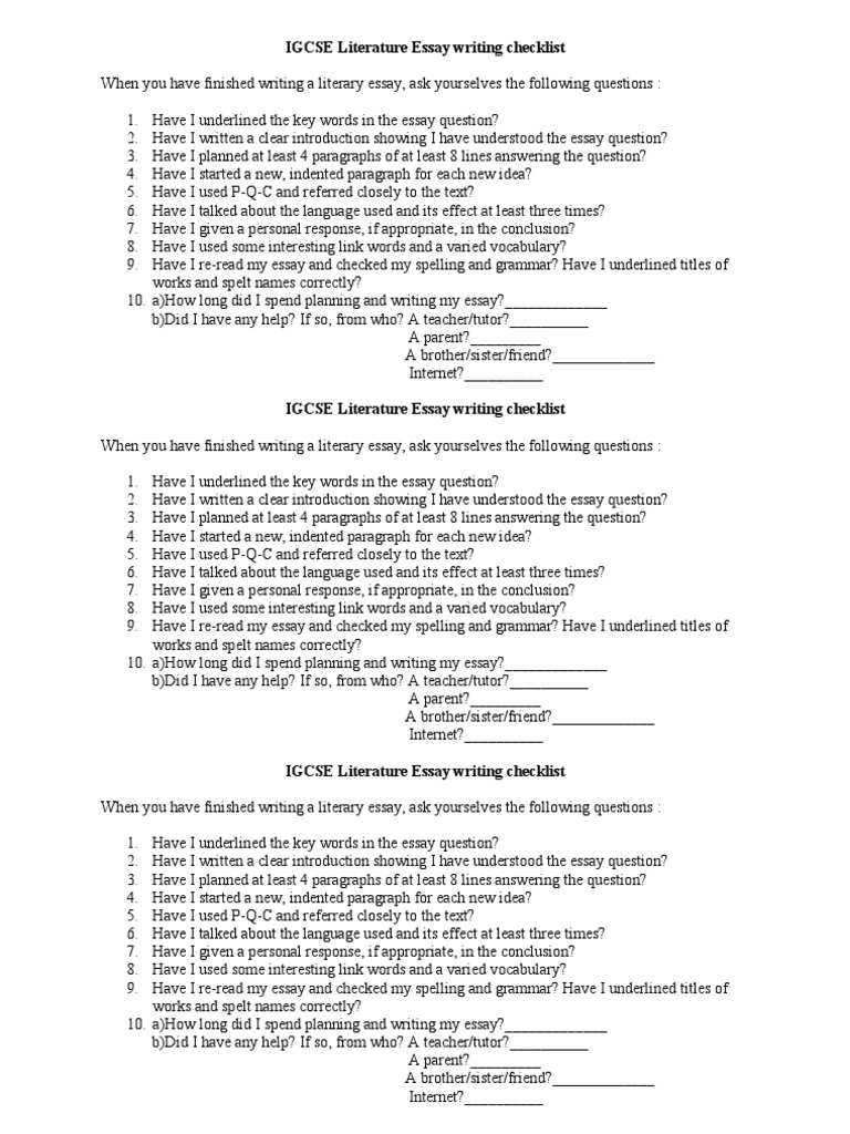 IGCSE Literature Essay Writing Checklist | PDF | Paragraph | Essays