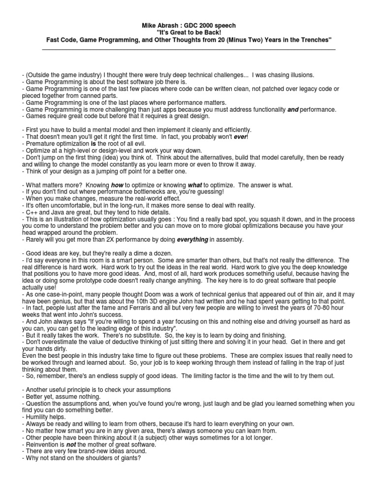 Mike Abrash GDC Speech Transcript | PDF | Program Optimization | Areas Of Computer Science