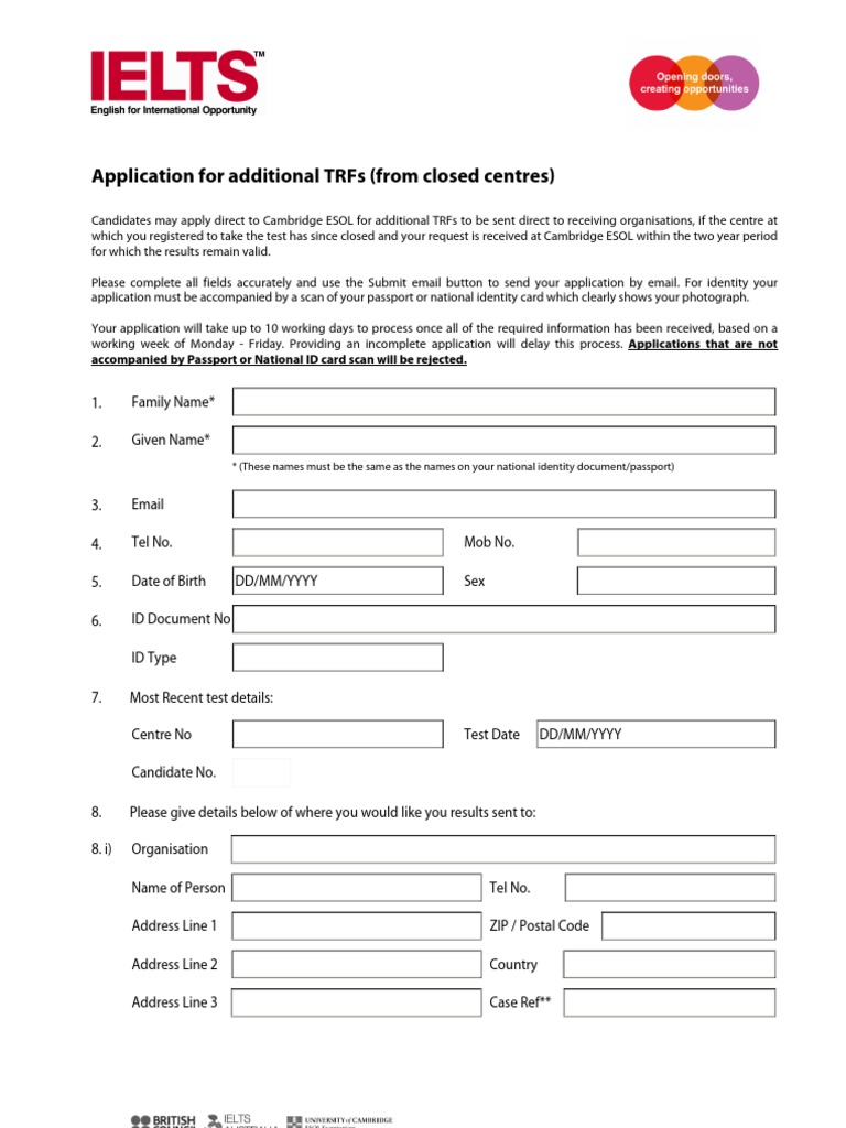 Application For Additional Trfs (From Closed Centres) : Accompanied by ...