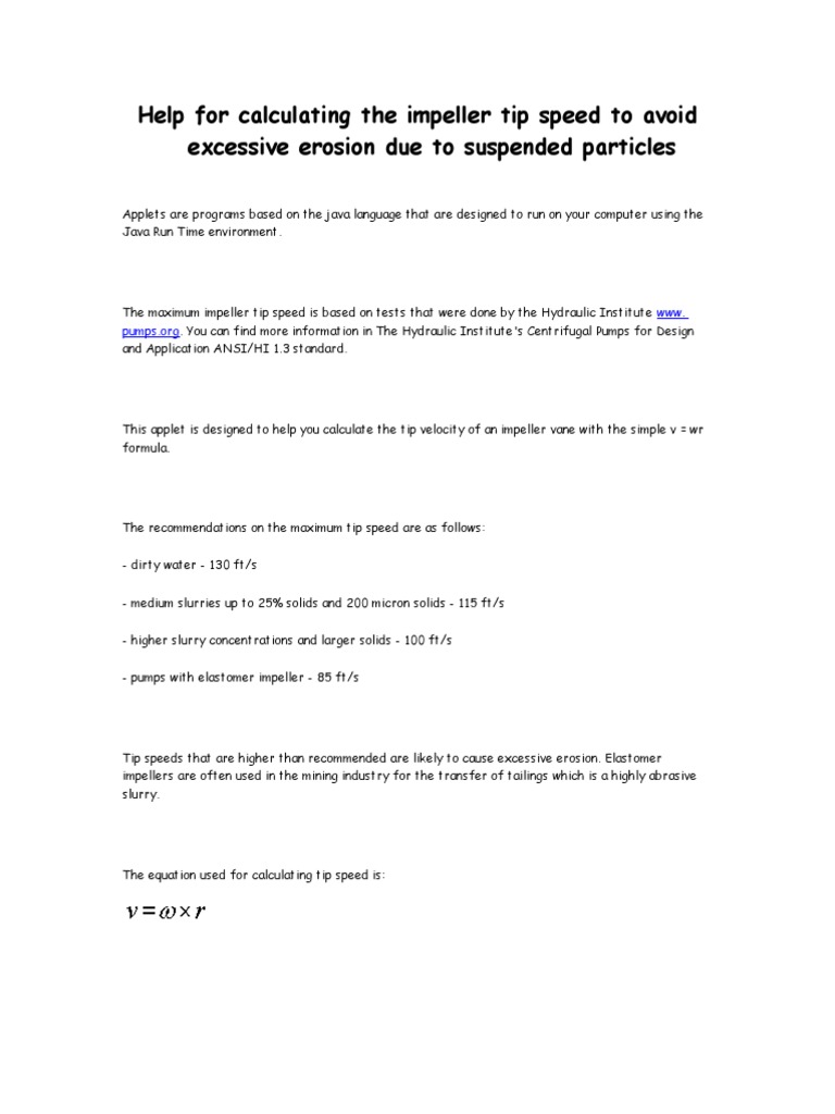 Help For Calculating The Impeller Tip Speed To Avoid Excessive Erosion ...