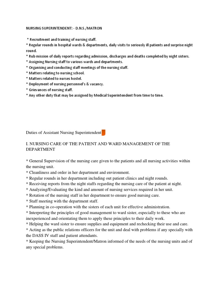 Nursing Superintendent Duties | Nursing | Hospital
