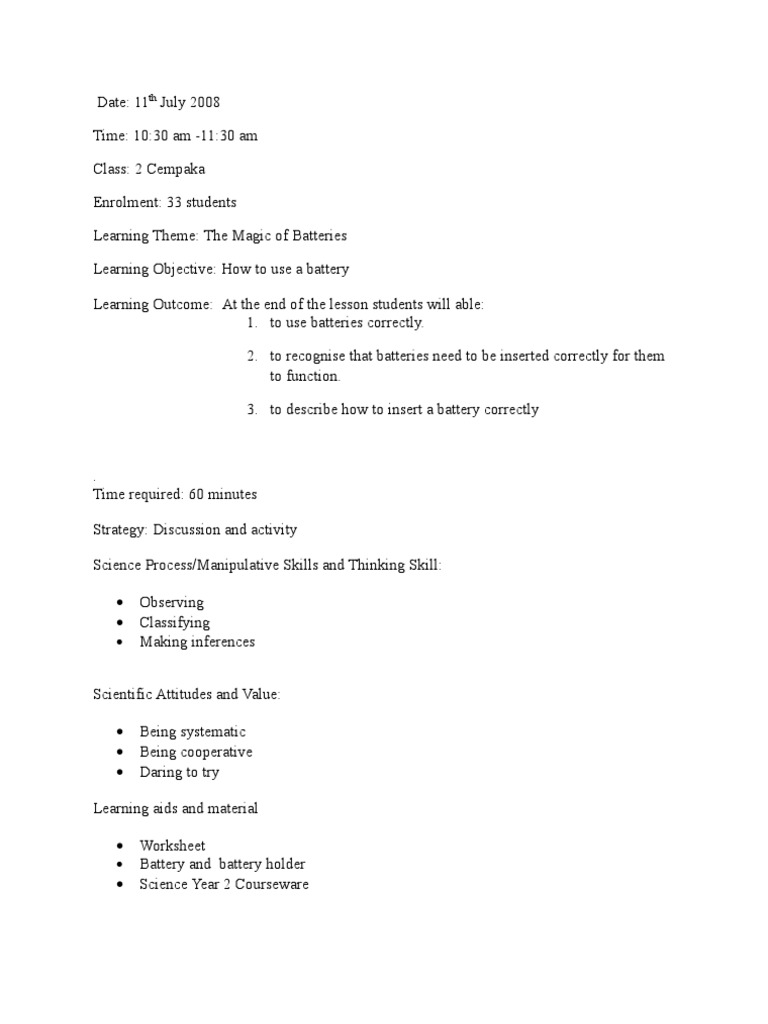 Lesson Plan Science Tahun 2 - The Magic of Batteries Part 2 | PDF ...