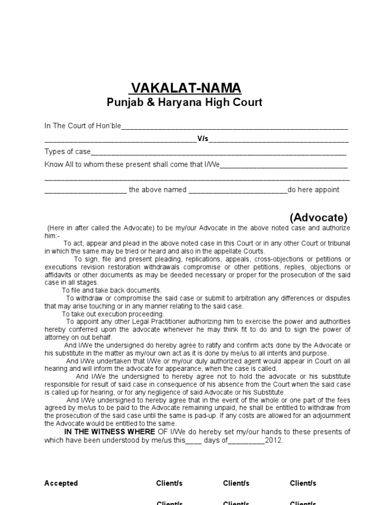 Vakalat Nama | Download Free PDF | Advocate | Courts