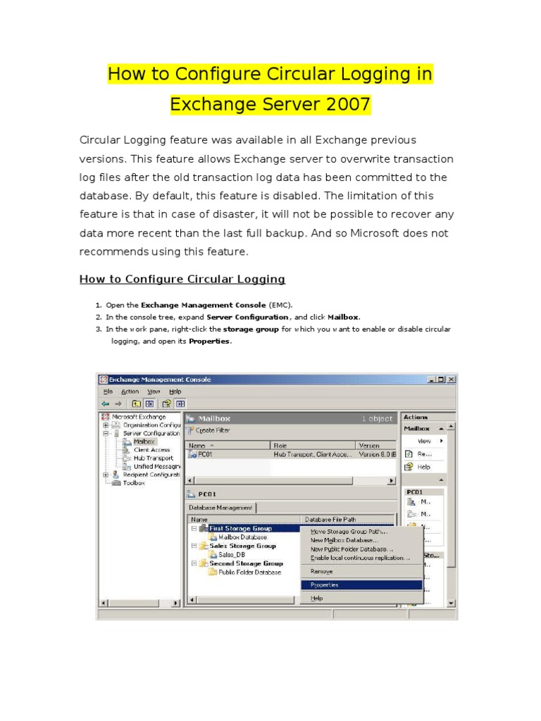 Configure Circular Logging in Exchange 2007 | PDF | Computers