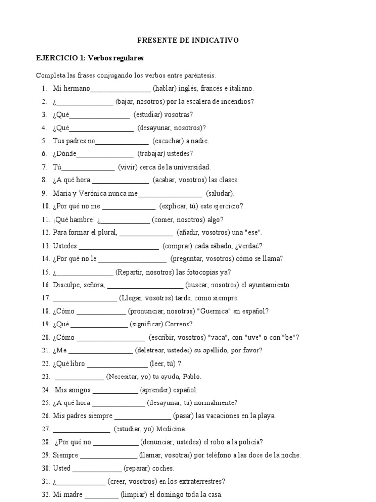Ejercicios Presente de Indicativo | Lengua española | Verbo